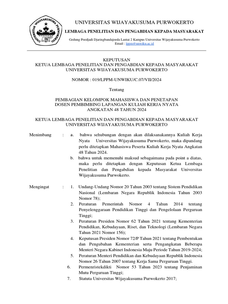 SK Pembagian Kelompok Mahasiswa Peserta Dan Penetapan DPL KKN Angkatan | PDF