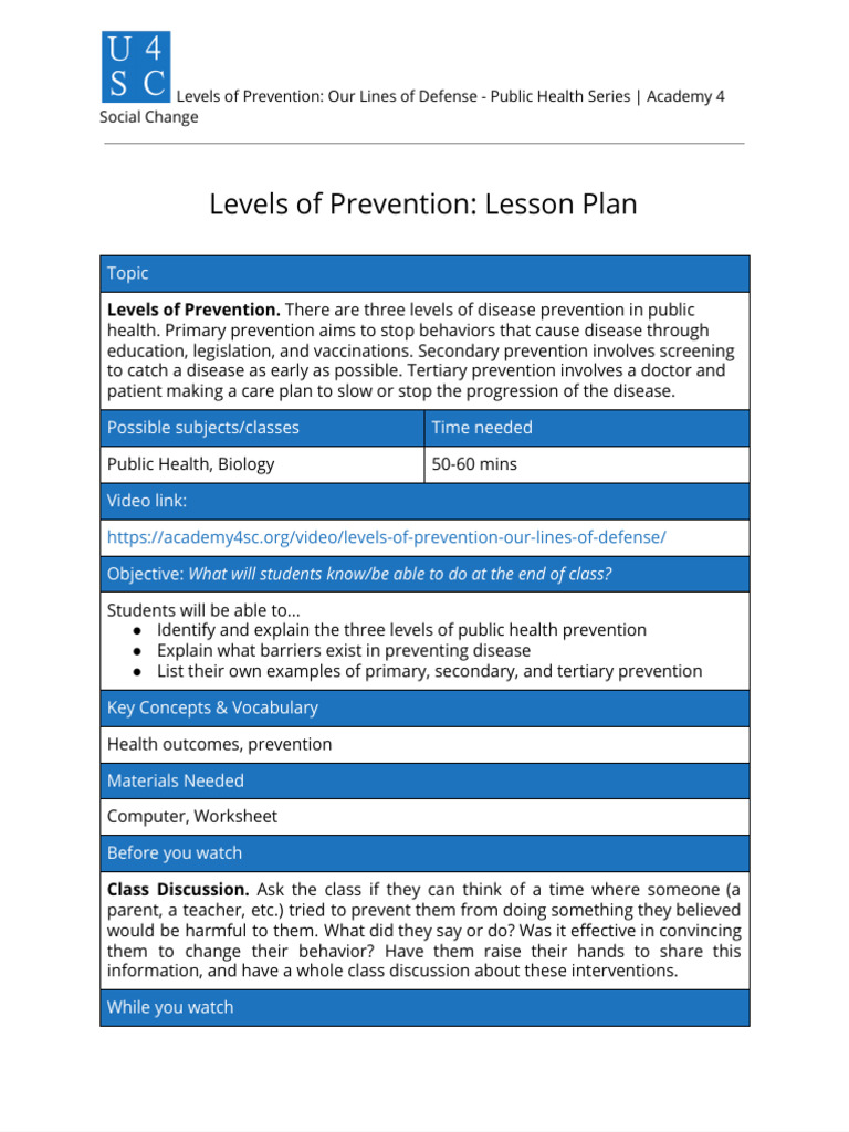 Public Health Prevention Lesson | PDF