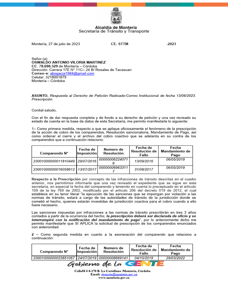 Oswaldo Antonio Viloria Martinez-Procede-Rad-Correo Ins. Del 13-Junio-2023 | PDF | Estatuto de ...
