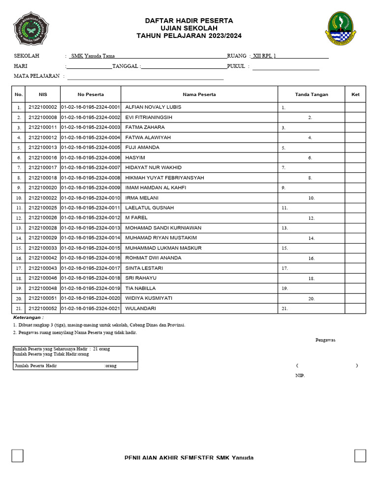 Daftar Hadir Kelas XII RPL 1 US 2024 | PDF