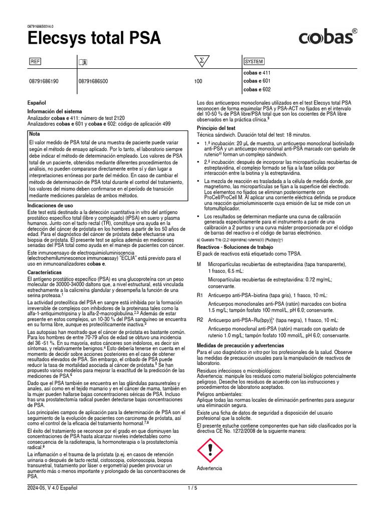 Insert - Elecsys Total PSA.08791686500.V4.es | PDF | Antígeno ...