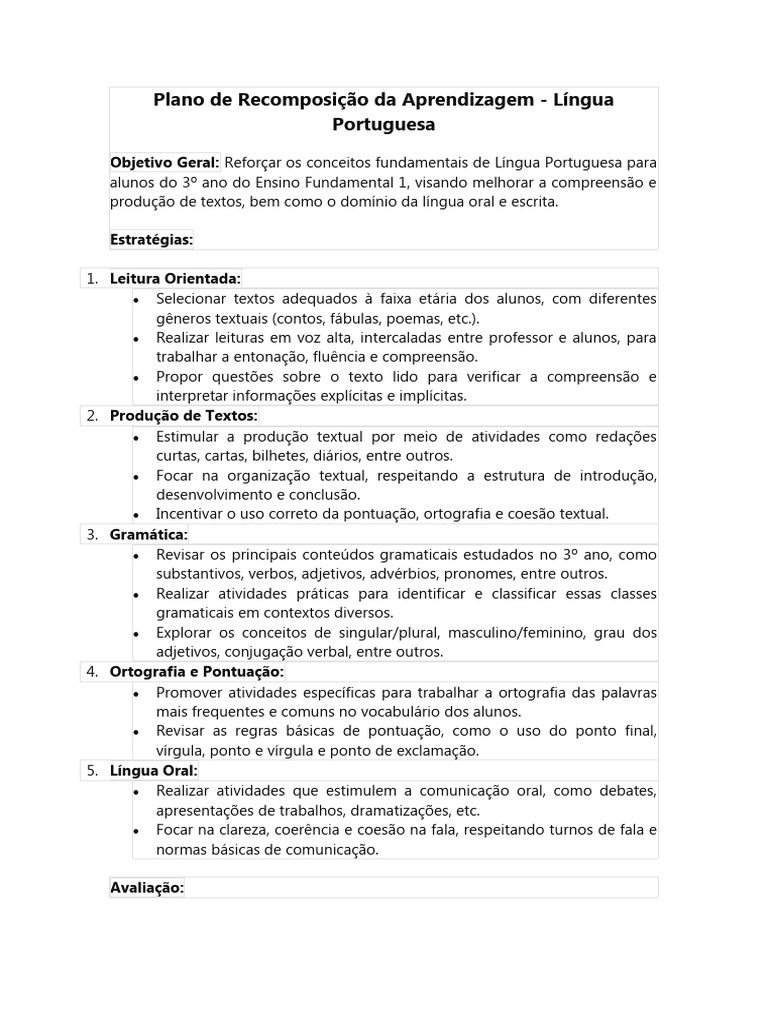 Plano de Recomposição da Aprendizagem | PDF | Aprendizado | Linguística Plano de Recomposição da Aprendizagem | PDF | Aprendizado | Linguística