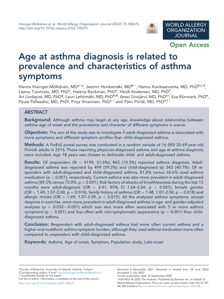 Age at Asthma Diagnosis Is Related To Prevalence A | PDF | Asthma ...