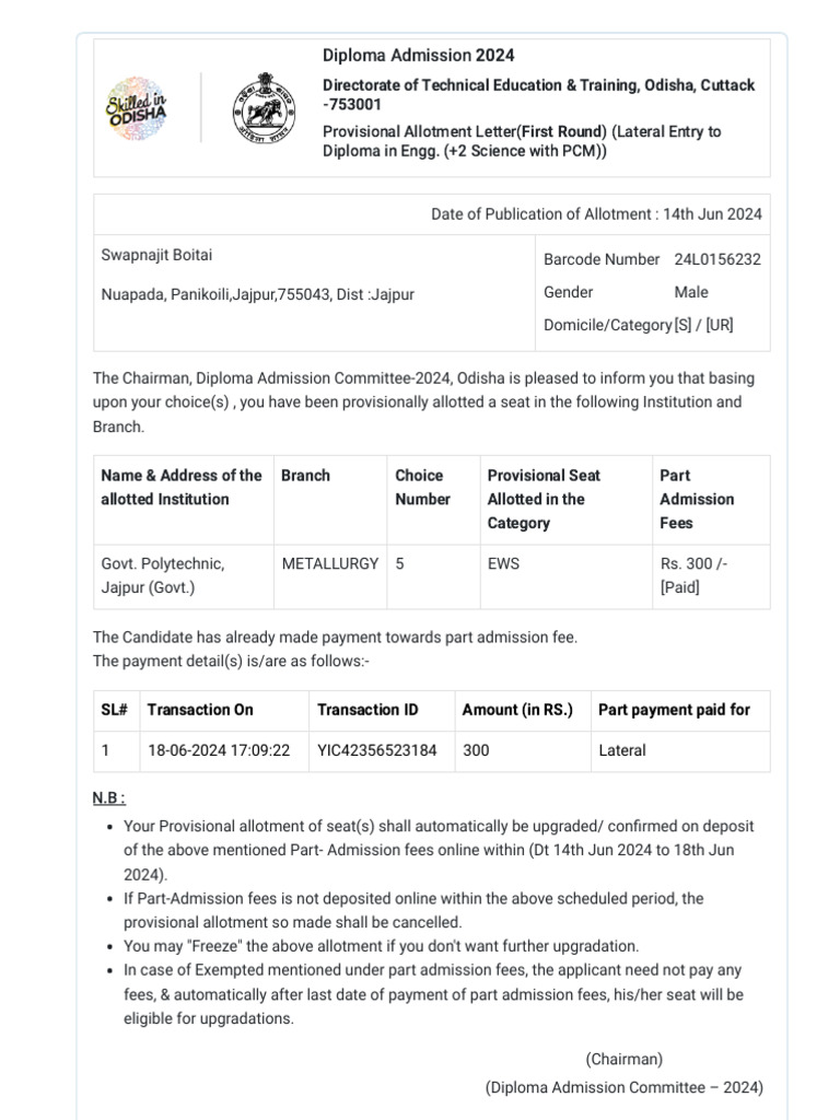 Diploma Intimation Letter | PDF | Payments