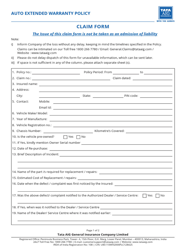 Total Vehicle Protection Warranty Claims