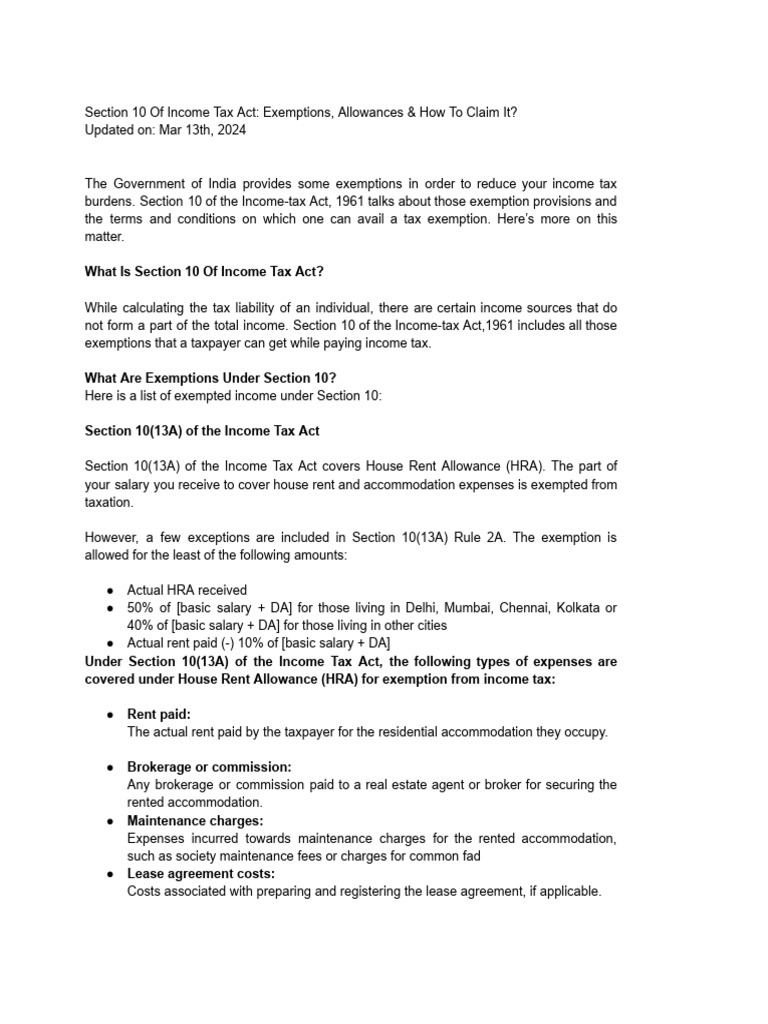 Exemptions, Under Income Tex Act 1961 | PDF | Income Tax | Taxes