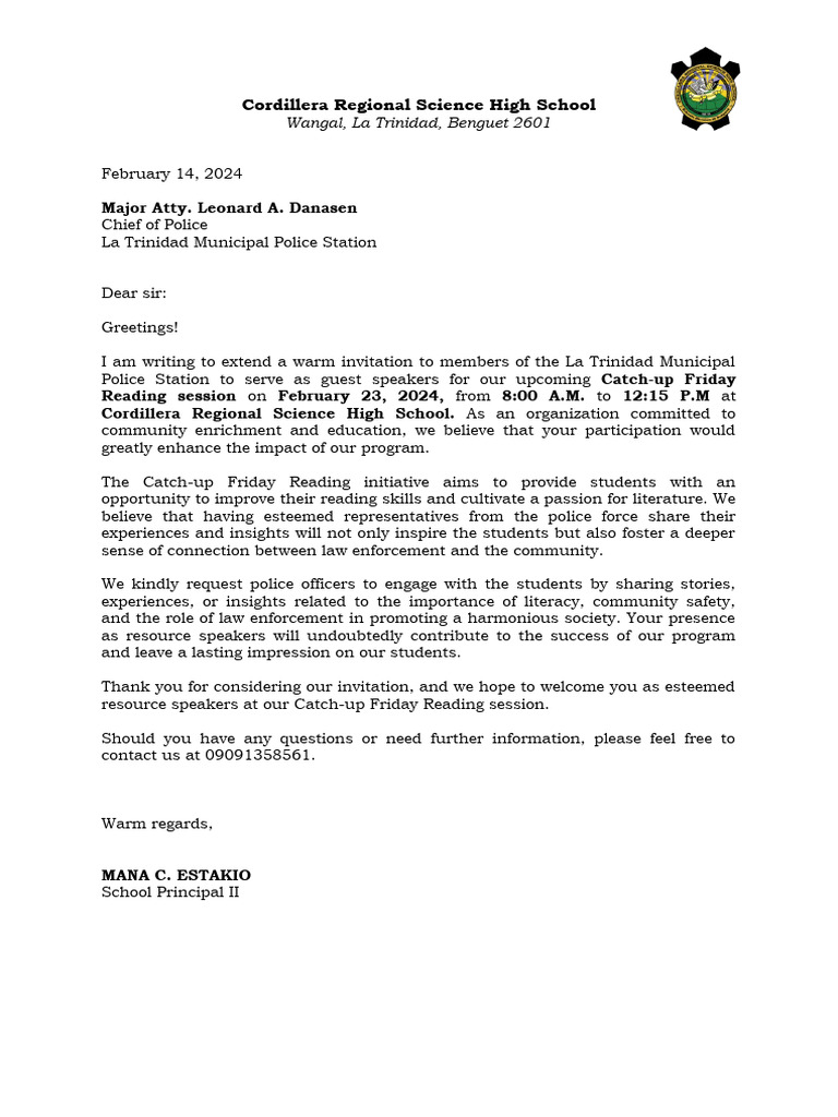 Invitation to Police for Reading Session | PDF