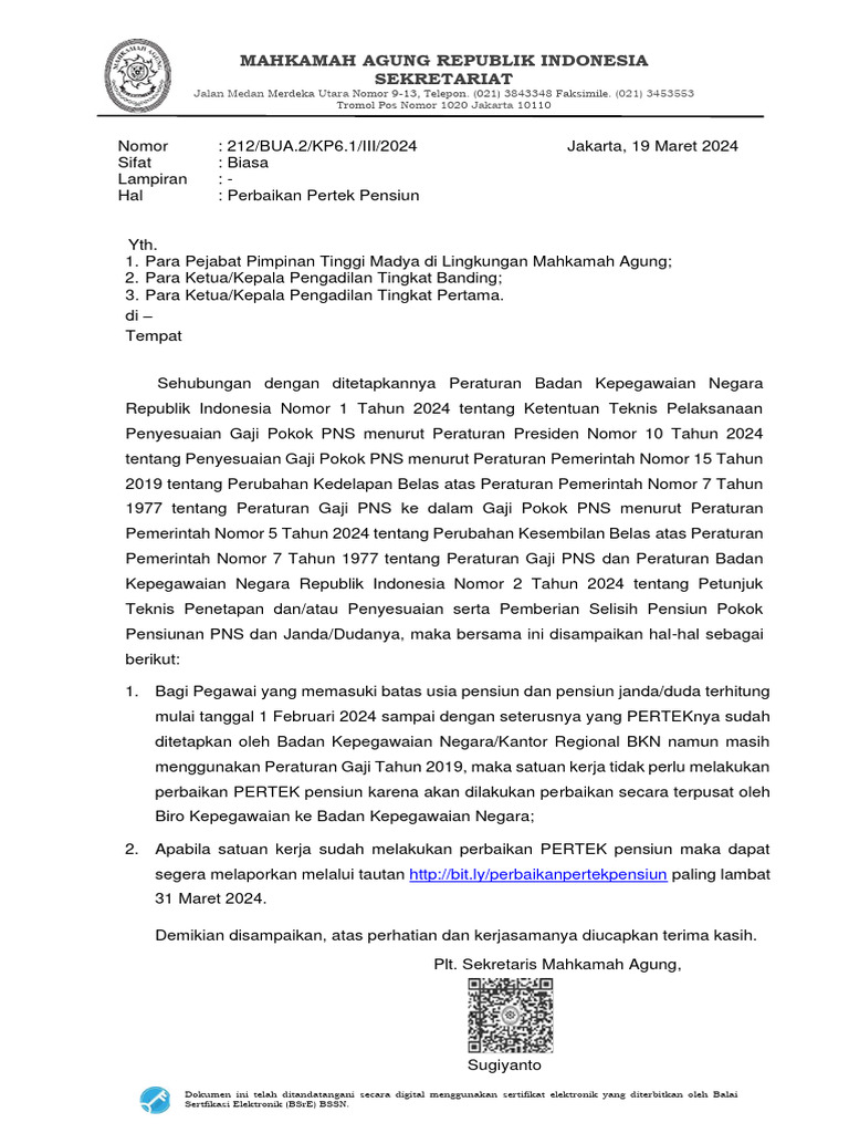 Surat Sekma tentang Perbaikan Pertek Pensiun_sign | PDF