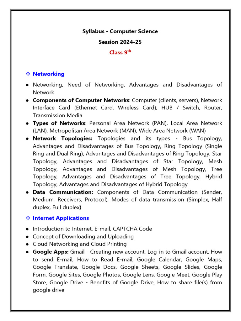 9th Computer Science Syllabus 2024-25 | PDF | Network Topology | Computer Network