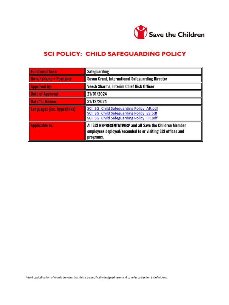 SCI SG Child Safeguarding Policy en | PDF | Child Abuse | Child Neglect