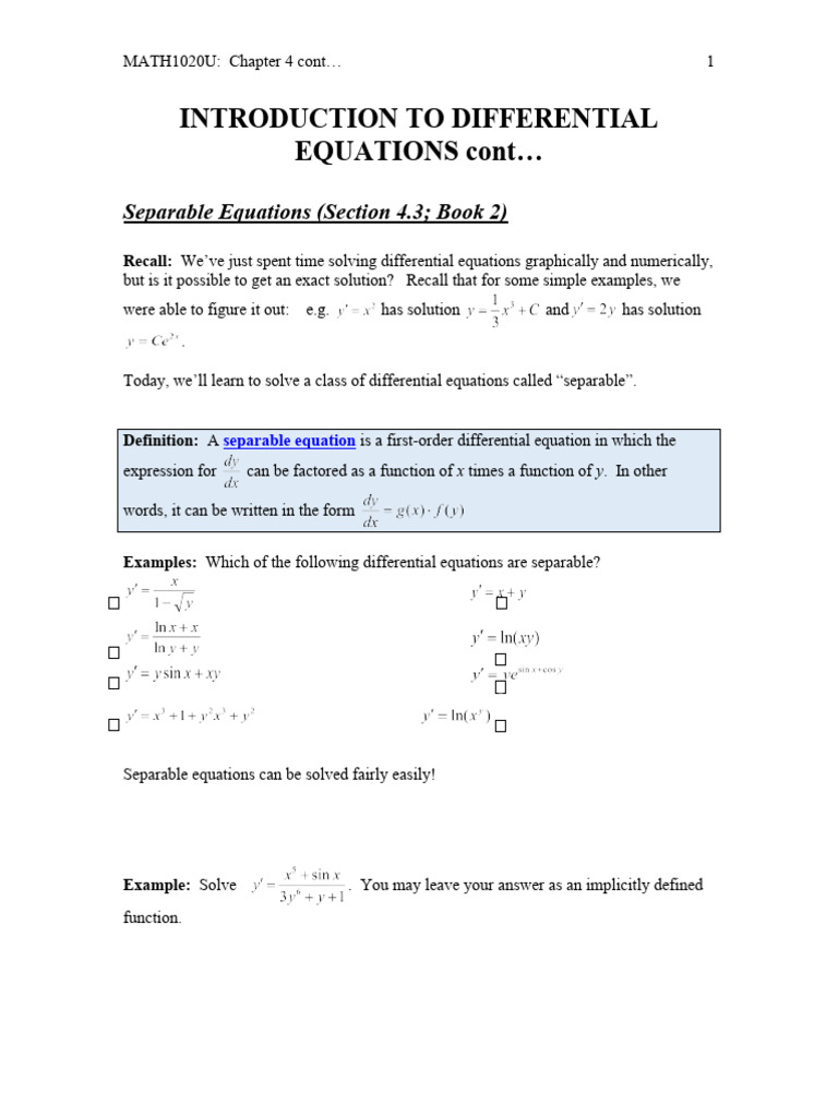 Mod5b Separableodeapplic | PDF | Equations | Function (Mathematics)