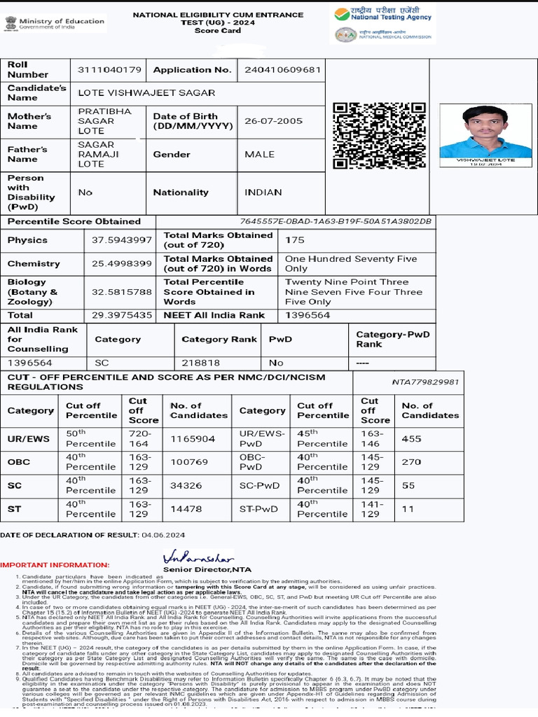 Neet - Ntaonline.in - Frontend - Web - Scorecard - Index (1) - 1 | PDF