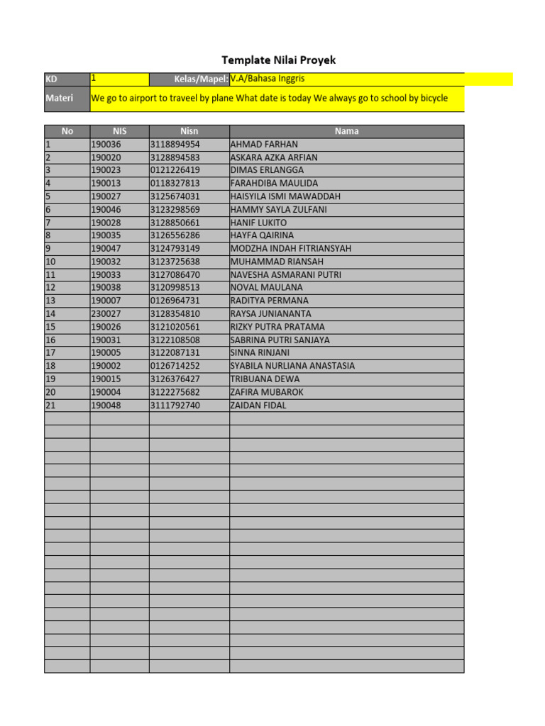 Template Nilai Proyek-V.A-Bahasa Inggris | PDF