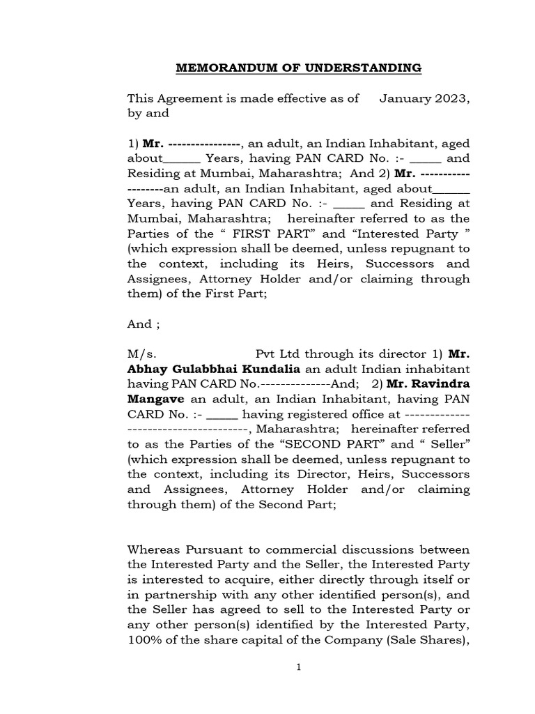 MOU - Draft - Company Sell | PDF | Arbitration | Non Disclosure Agreement