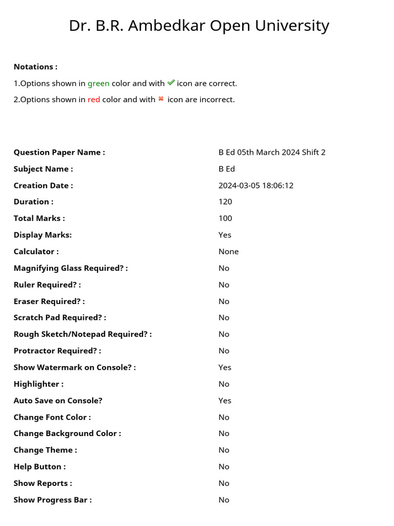 B.Ed Exam Answer Sheet March 2024 | PDF | Multiple Choice | Qualifications