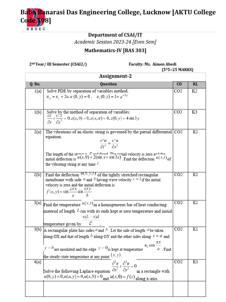 Maths Assignment 2 BAS303 | PDF | Partial Differential Equation | Mechanics