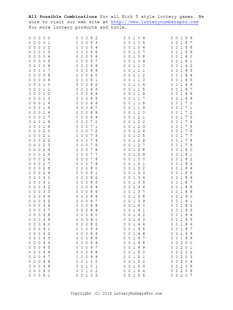 All Possible Pick 5 Number Combinations | PDF