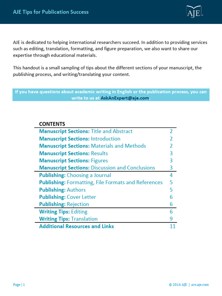 AJE Publication Tips Handout | PDF | Academic Journal | Translations