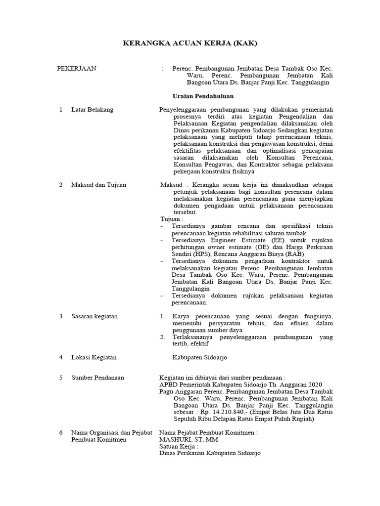 KERANGKA ACUAN KERJA KAK 12perenc. Pembangunan Jembatan Desa Tambak Oso DLL | PDF