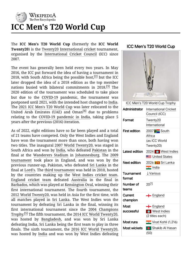 ICC Men's T20 World Cup - Wikipedia | PDF | Athletic Sports | Team Sports