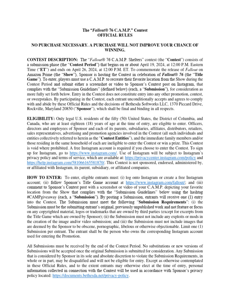 Fallout 76 C.A.M.P. Contest Rules | PDF | Arbitration | Common Law