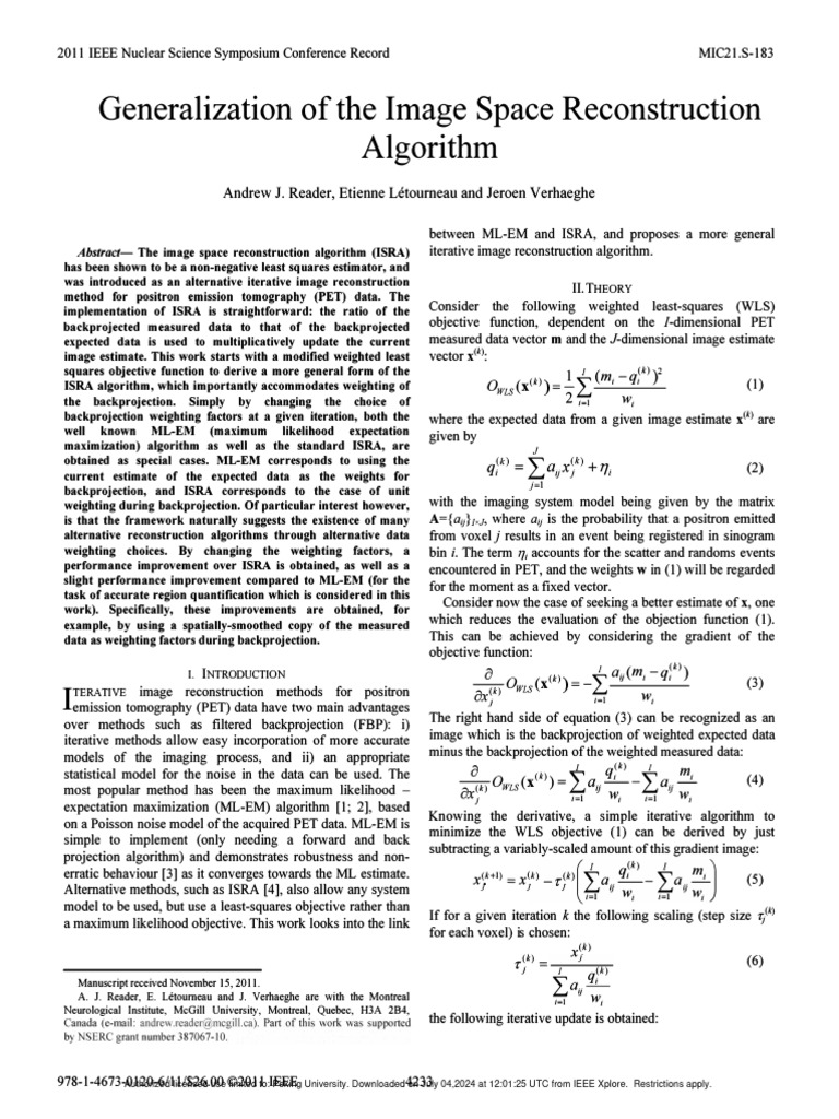 Generalization Of The Image Space Reconstruction Algorithm Pdf Positron Emission Tomography