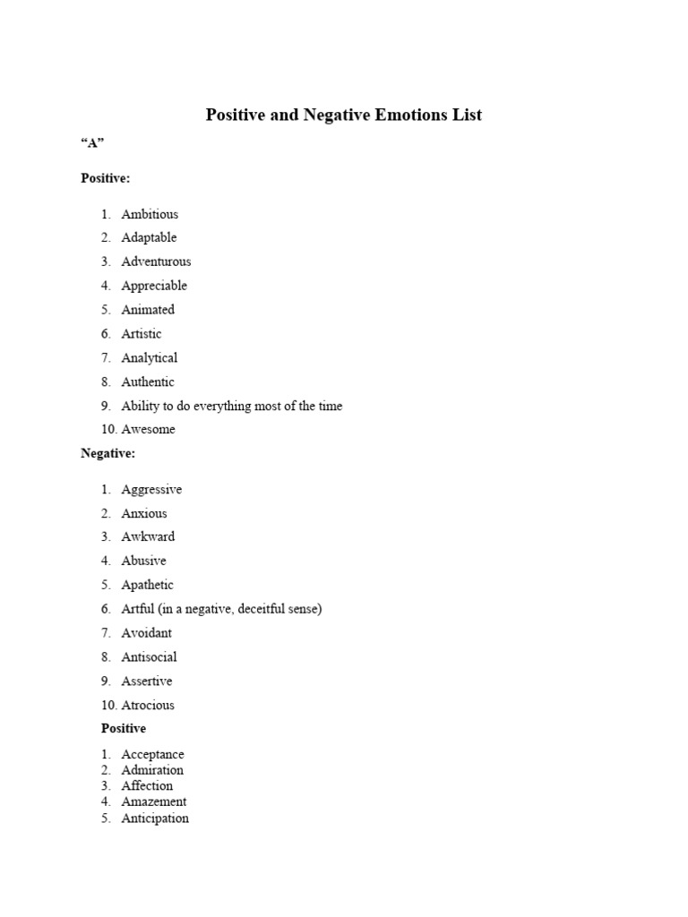 Positive and Negative Emotions List | PDF | Emotions | Abnormal Psychology