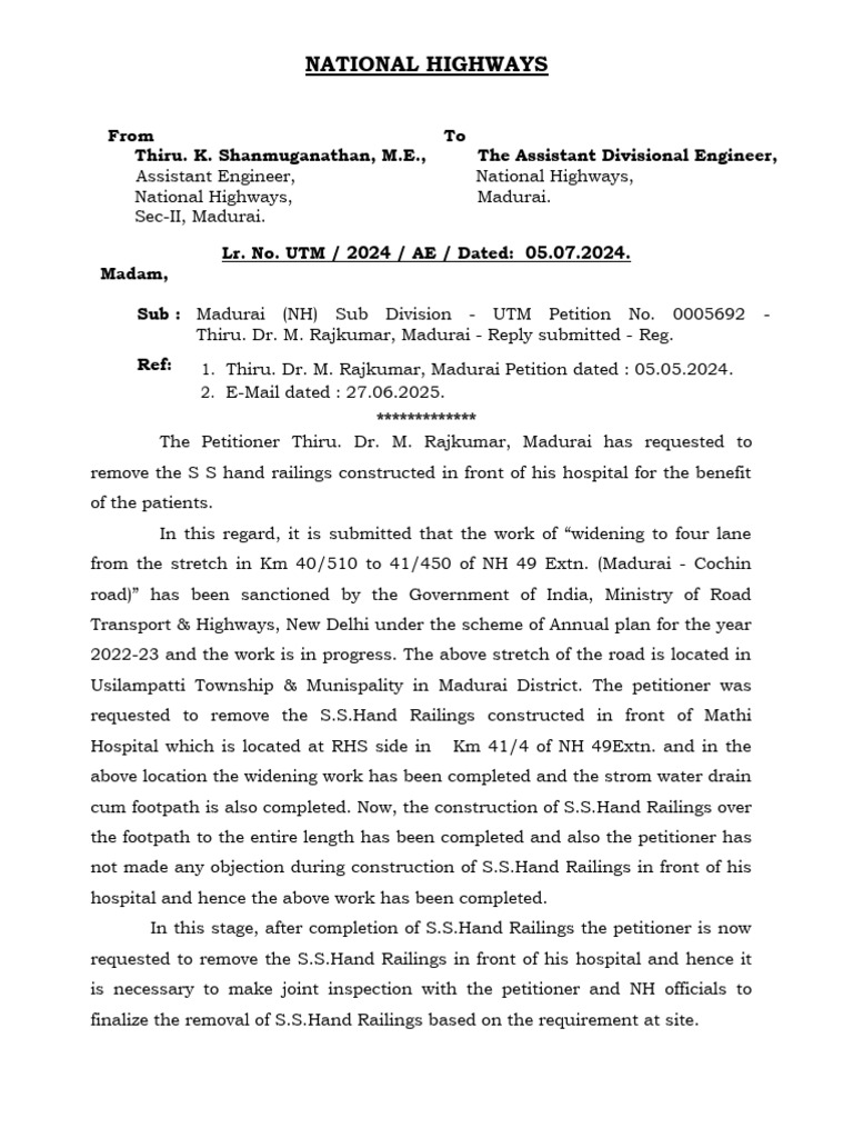 Mathi Hospital Letter | PDF | Transport Infrastructure | Road Transport
