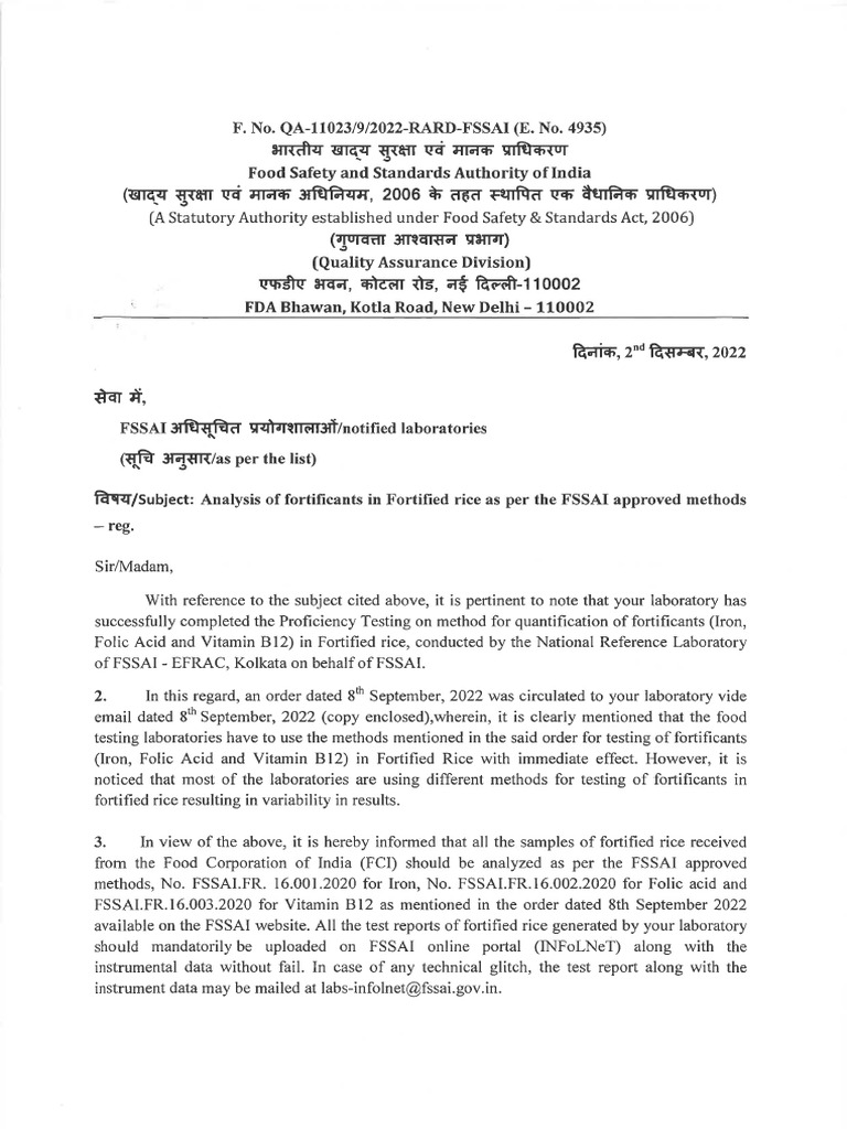 FSSAI Letter Dated 2nd December 2022 | PDF
