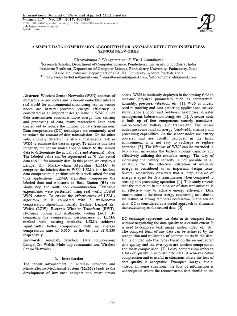 A Simple Data Compression Algorithm For Anomaly Detection In Wireless