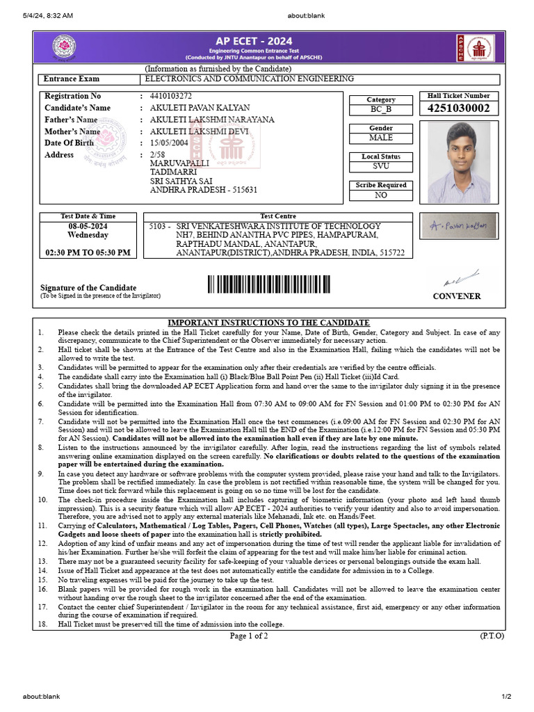 Hall Ticket Pavan | PDF | Computing