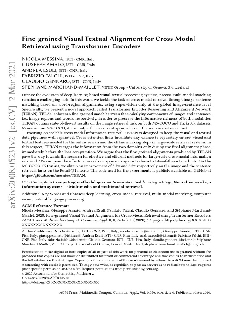 Fine-Grained Visual Textual Alignment For Cross-Modal Retrieval Using Transformer Encoders | PDF ...