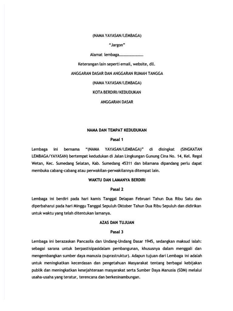 PDF Contoh Ad Art Yayasan - Compress | PDF | Hukum