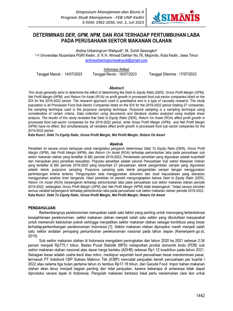 Determinasi Der, GPM, NPM, Danroaterhadap Pertumbuhan Laba Pada ...