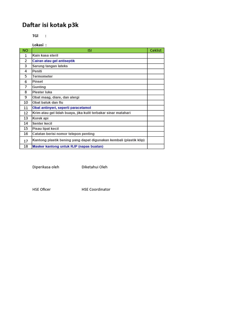 Daftar Isi Kotak p3k | PDF