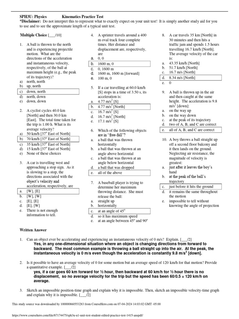 Sph3u U1 Unit Test Student Edited Practice Test 1415 Ans PDF | PDF ...