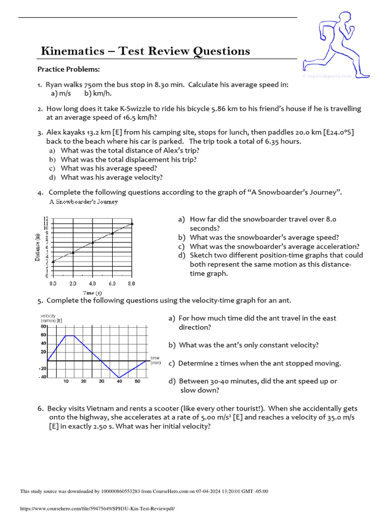 SPH3U Kin Test Review PDF | PDF | Speed | Velocity