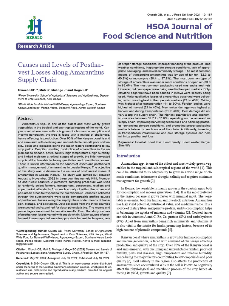 Causes And Levels Of Postharvest Losses Along Amaranthus Supply Chain Pdf Vegetables