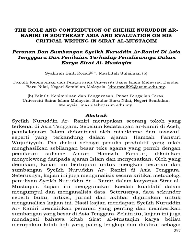 The Role and Contribution of Sheikh Nuruddin Arraniri in Southeast Asia and Evaluation On His ...