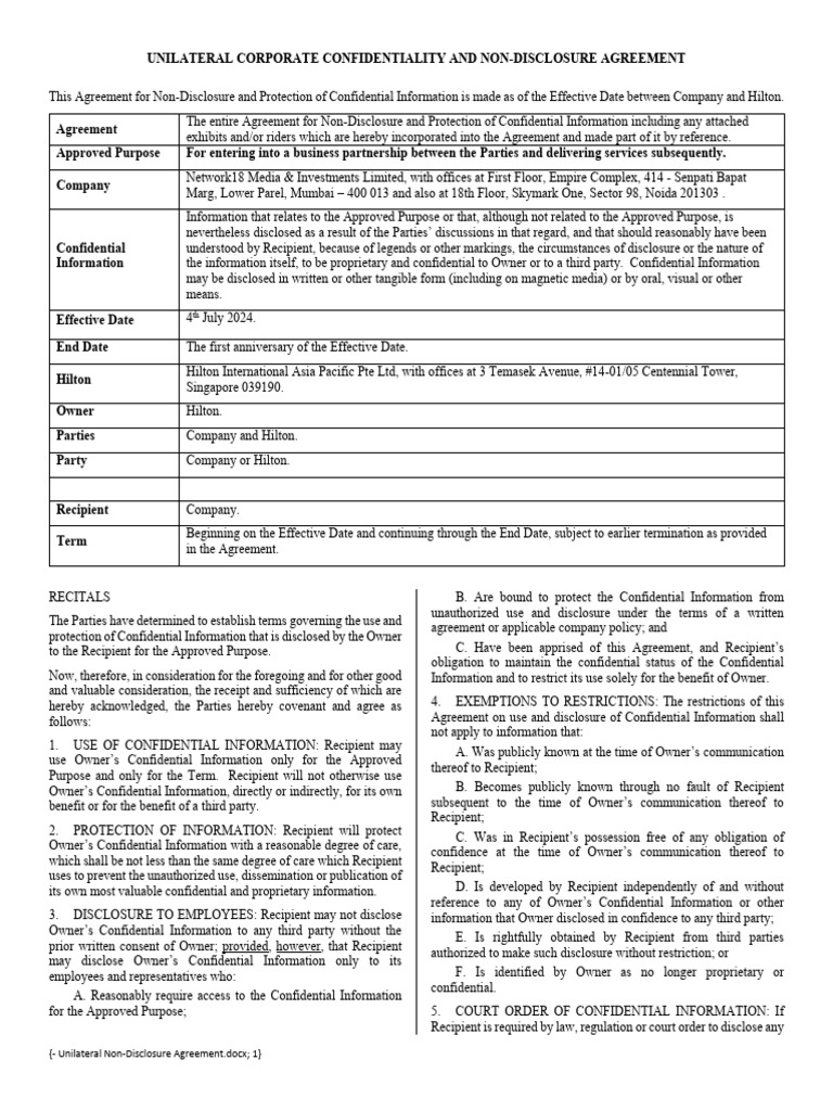 Unilateral Non-Disclosure Agreement | PDF | Non Disclosure Agreement | Confidentiality