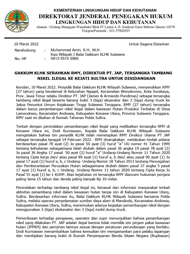 Siaran Pers Gakkum KLHK Serahkan Rmy, Direktur Pt. Jap, Tersangka Tambang Ilegal | PDF