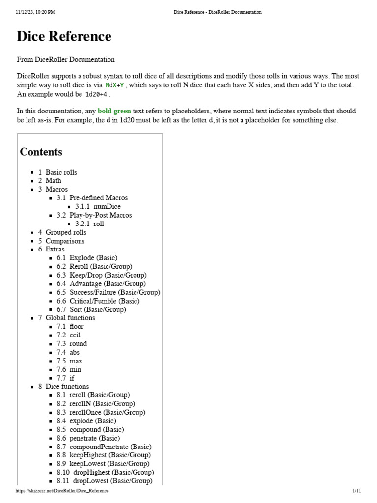Dice Reference - DiceRoller Documentation | PDF | Dice | Function ...