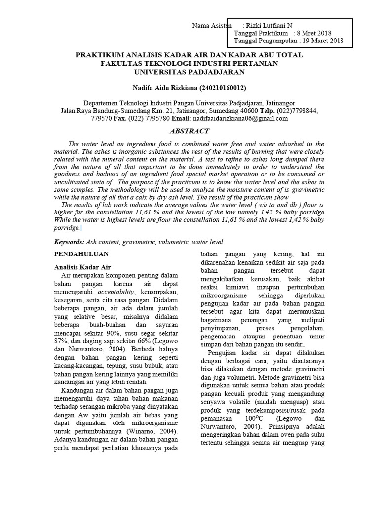 PRAKTIKUM ANALISIS KADAR AIR DAN KADAR ABU TOTAL | PDF PRAKTIKUM ANALISIS KADAR AIR DAN KADAR ABU TOTAL | PDF