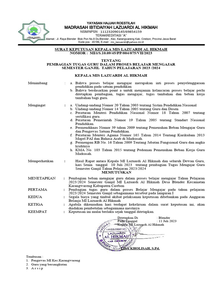 SK PEMBAGIAN TUGAS MENGAJAR SEMESTER GANJIL TA 2023-2024 | PDF