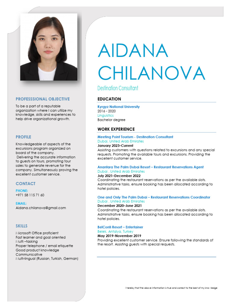 Aidana Chilanova CV 2 | PDF | Dubai