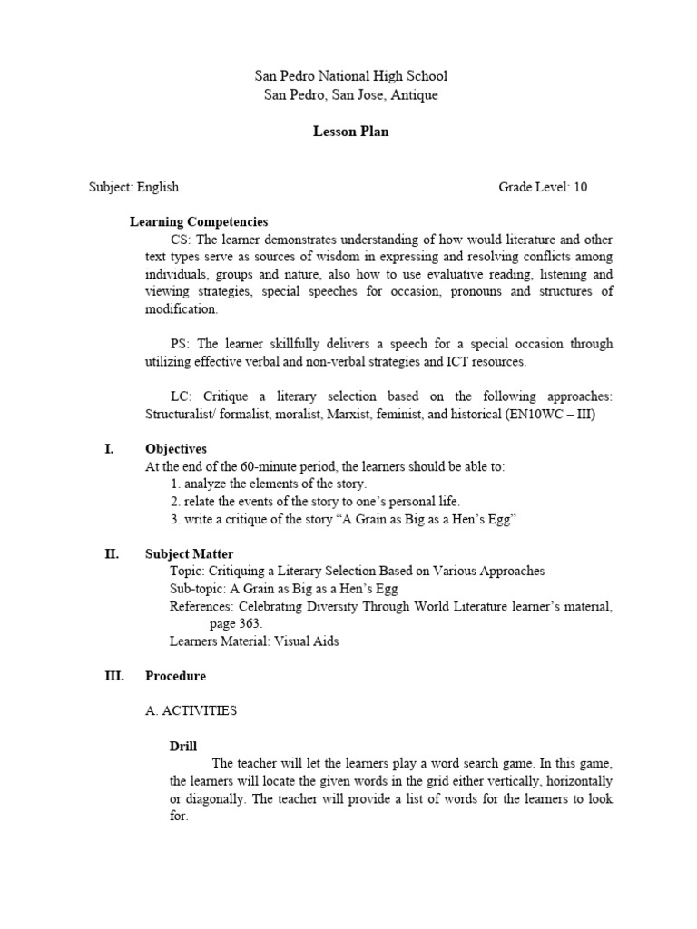 Altar Lesson Plan SPNHS | PDF | Learning | Lesson Plan