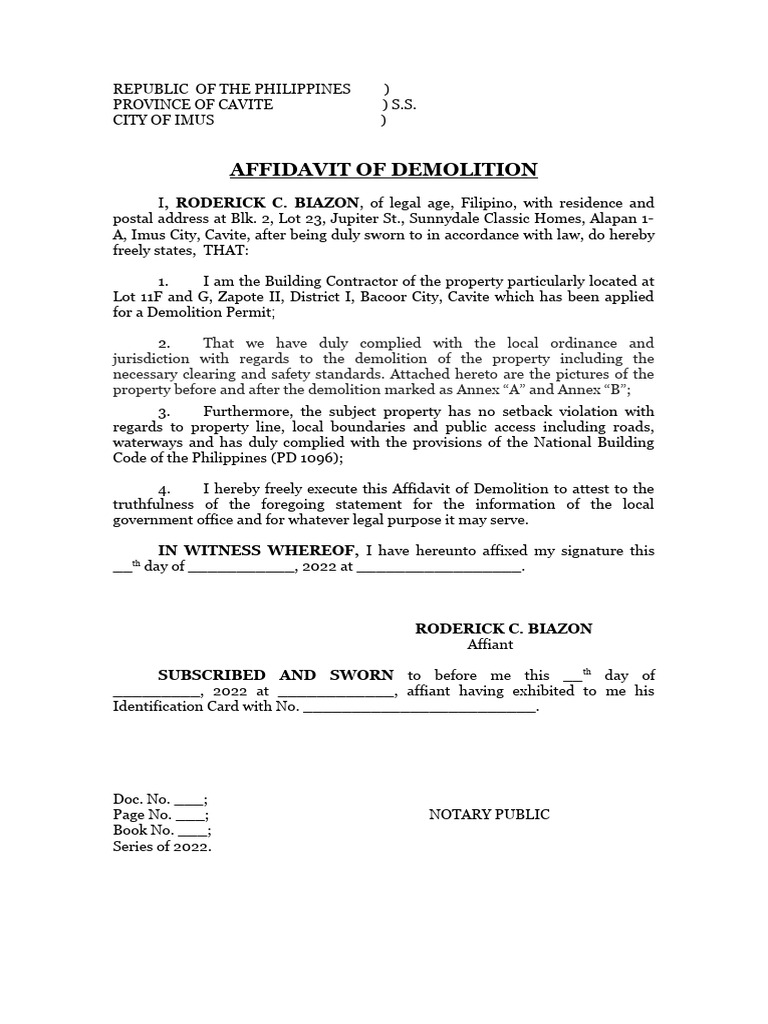 Affidavit of Demolition - Biazon | PDF | Law