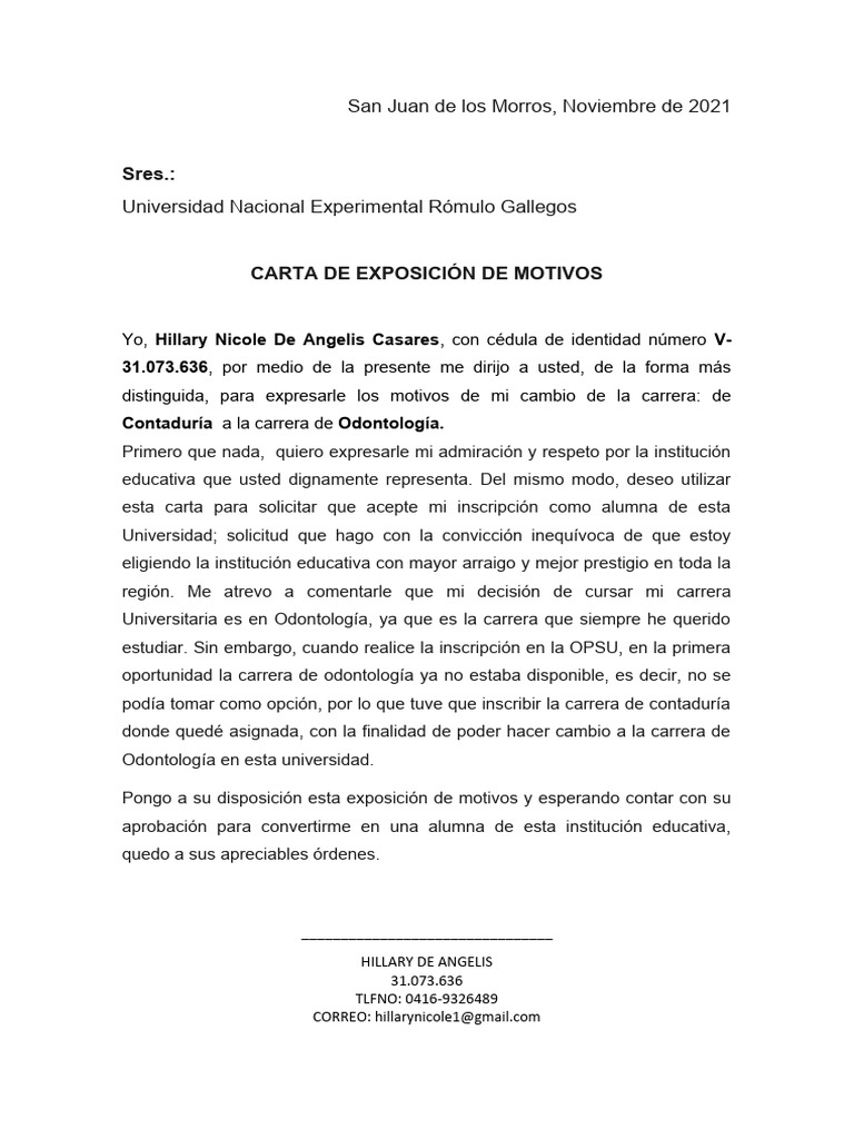 Carta Exposicion de Motivos Hillary | PDF