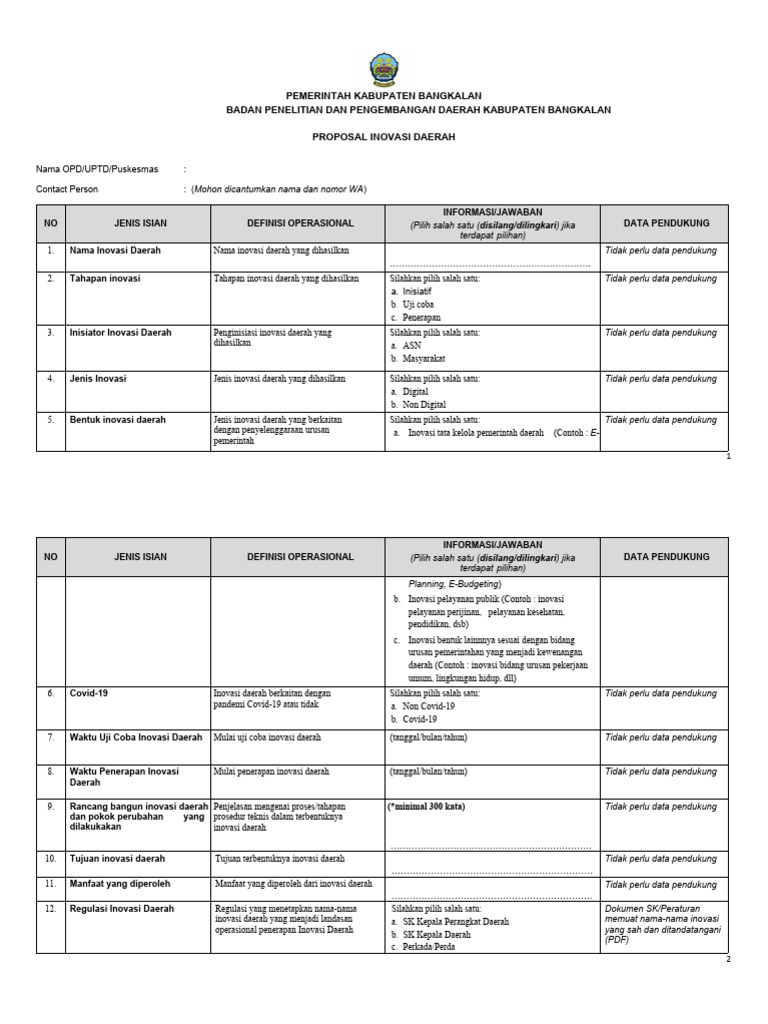 FORM ISIAN PROPOSAL INOVASI DAERAH Revisi | PDF