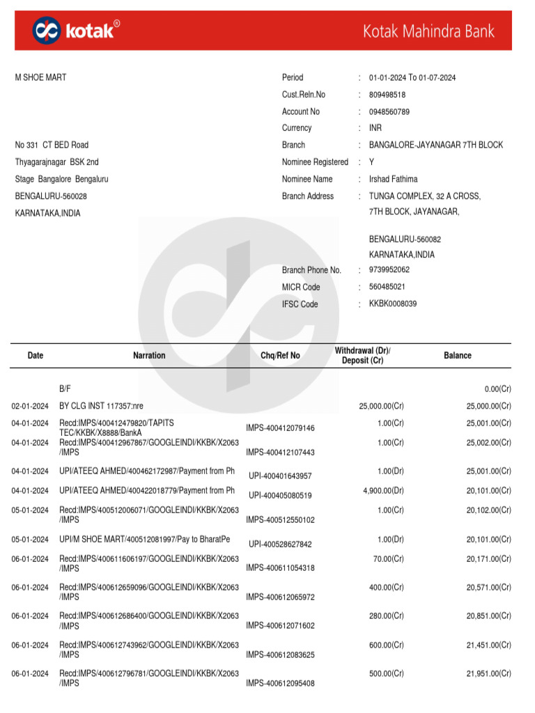 Date Narration Chq/Ref No Withdrawal (DR) / Deposit (CR) Balance | PDF ...